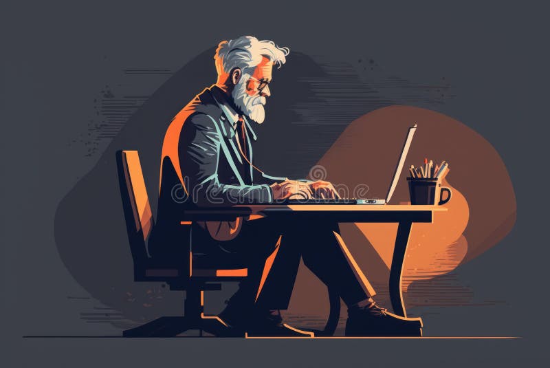 Man Working on Desk with Laptop Productive Work. Flat Design Stock ...