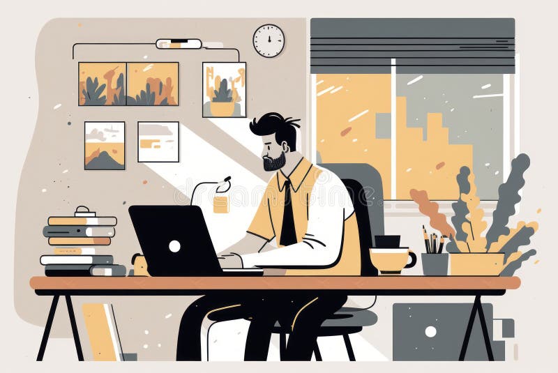 Man Working on Desk with Laptop Productive Work. Flat Design Stock ...