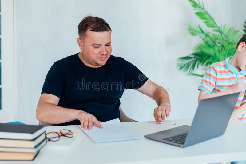 Man Working at Desk with Laptop in White Office Stock Image - Image of ...