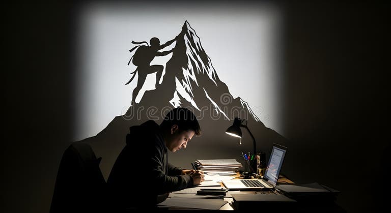 Man Working at Desk with Shadow of Mountain Climber Projected on Wall ...