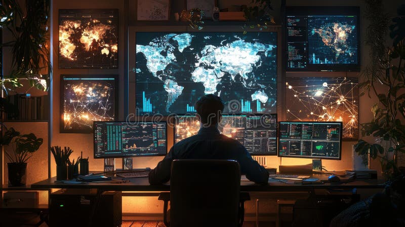 Man Working at Desk Surrounded by Multiple Monitors in a Modern Office ...