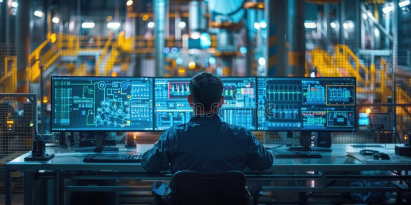 Man Working at Desk with Two Monitors Stock Photo - Image of electronic ...