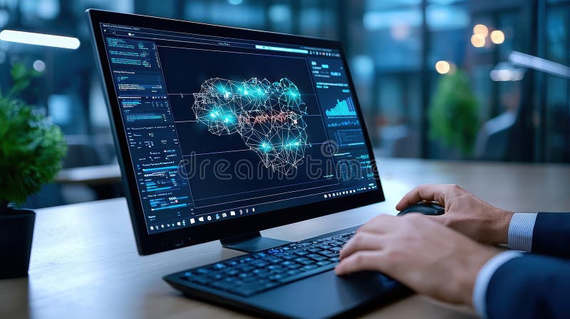 Man Working on a Computer with Data Visualization Stock Illustration ...