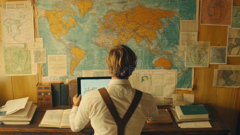 Man Working at Desk with World Map and Laptop Stock Illustration ...