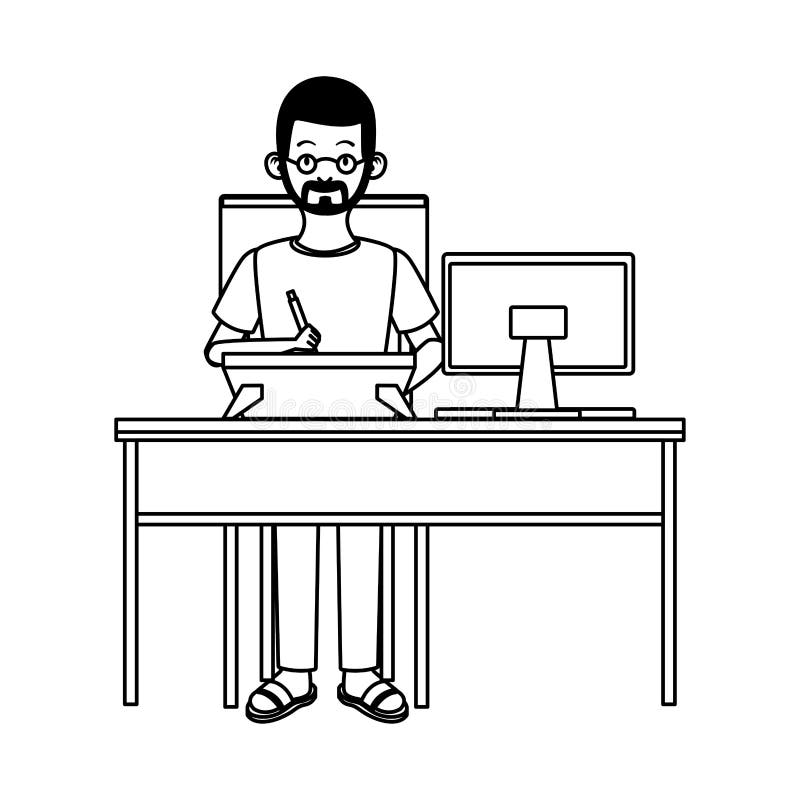 Man Working with Desktop in Desk Character Stock Vector - Illustration ...