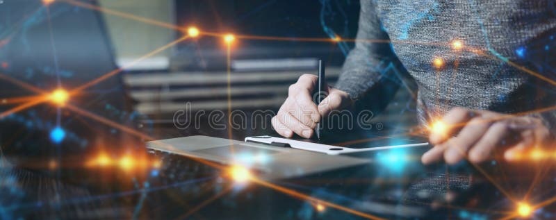Man Working with Digital Laptop. Global Network Concept Stock Photo ...