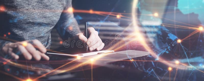 Man Working with Digital Laptop. Global Network Concept Stock Photo ...