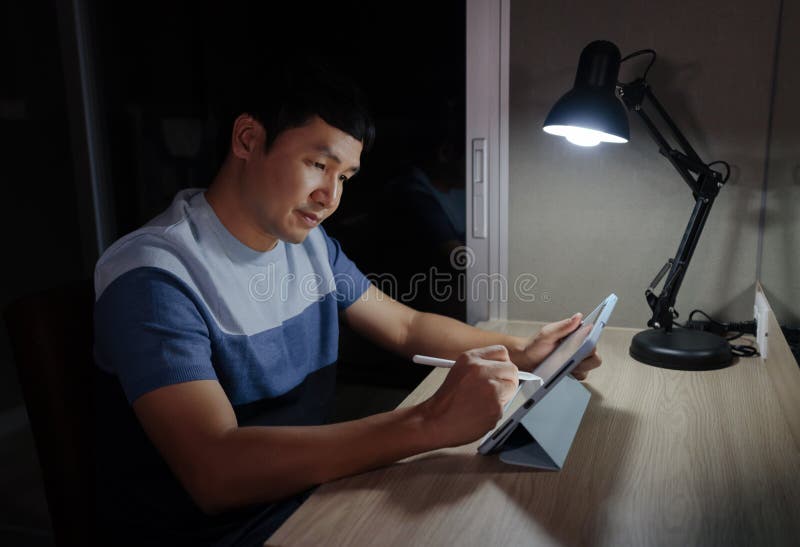 Man Working with Digital Tablet at Night Stock Image - Image of ...