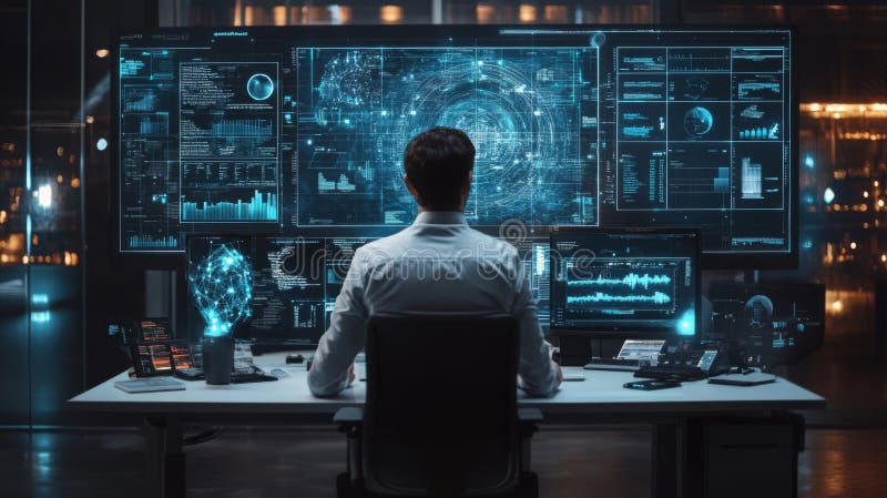 Man Working with Extensive Digital Data Displays Stock Illustration ...
