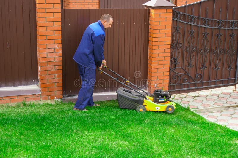 The Man is Working in the Garden. Mowing Grass with a Lawn Mower Stock ...