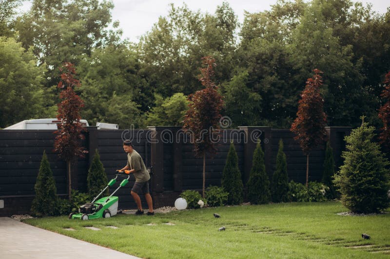 The Man is Working in the Garden. Mowing Grass with a Lawn Mower. Stock ...