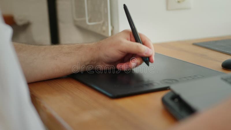 Man Working with a Graphics Tablet, Close-up of Hands. Worker Drawing ...