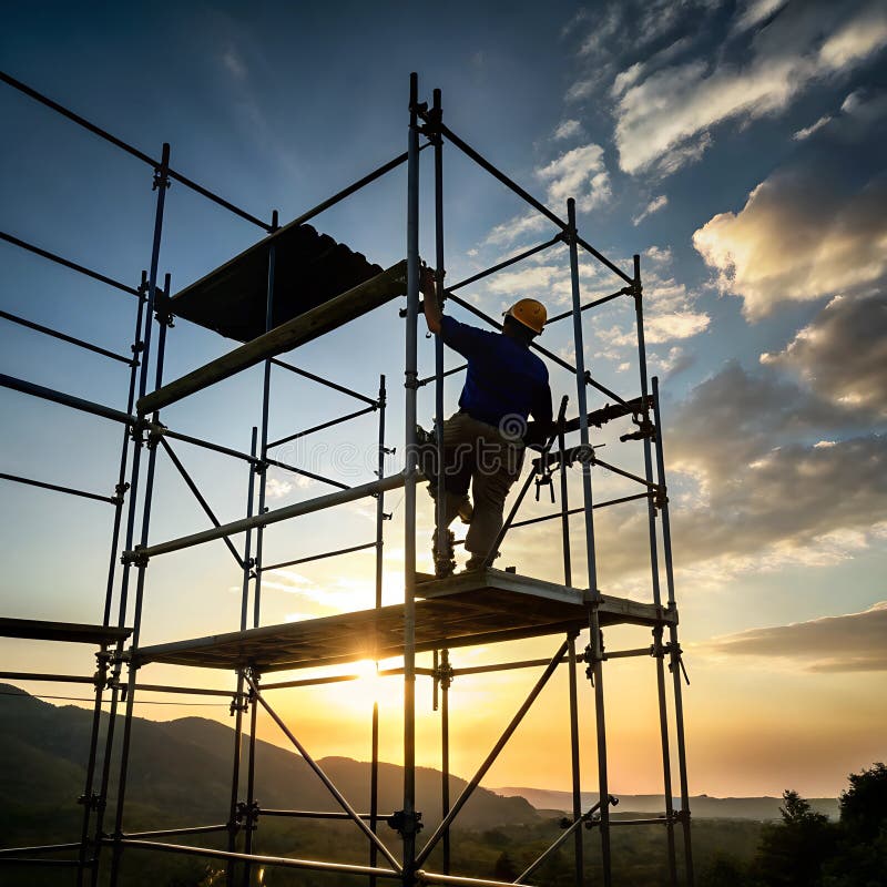 Silhouette of Worker on Scaffolding Working at Height, Sky Background ...