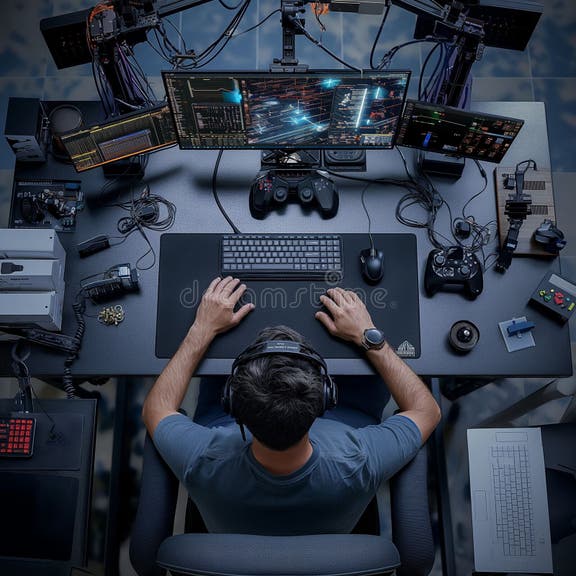 A Man Working on a High-tech Computer Setup with Multiple Monitors and ...