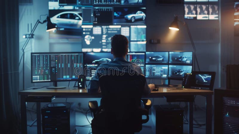 Man Working at High-Tech Control Center Desk with Multiple Monitors, Generative AI Stock Photo ...