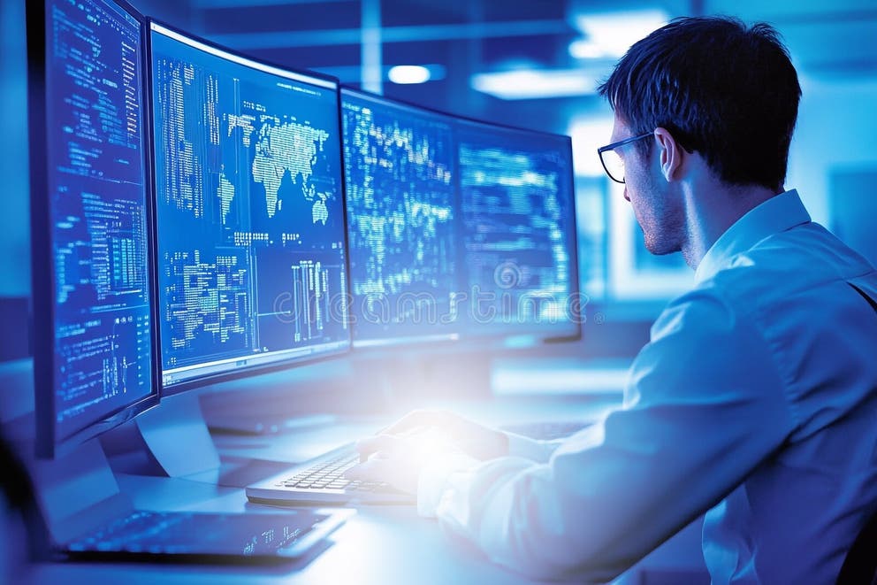 A Man Working at a High-tech Control Center, Surrounded by Multiple Monitors Displaying a World ...
