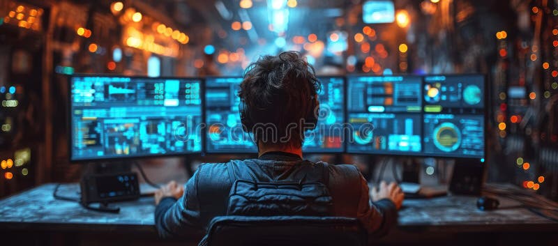 Man is Working on His Computer at Night Extreme Closeup. Generative AI ...