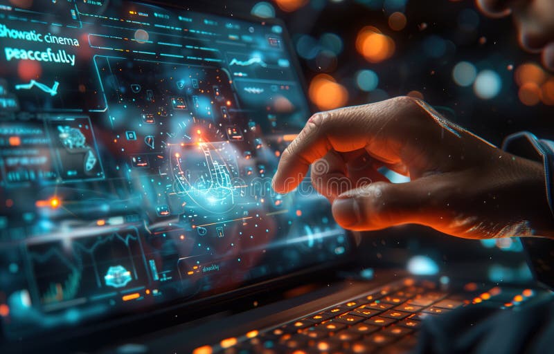 Man Working on His Laptop in a Futuristic Interface Stock Illustration ...