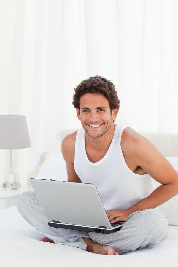 Man Working on His Laptop at Home Stock Photo - Image of house, pyjama ...