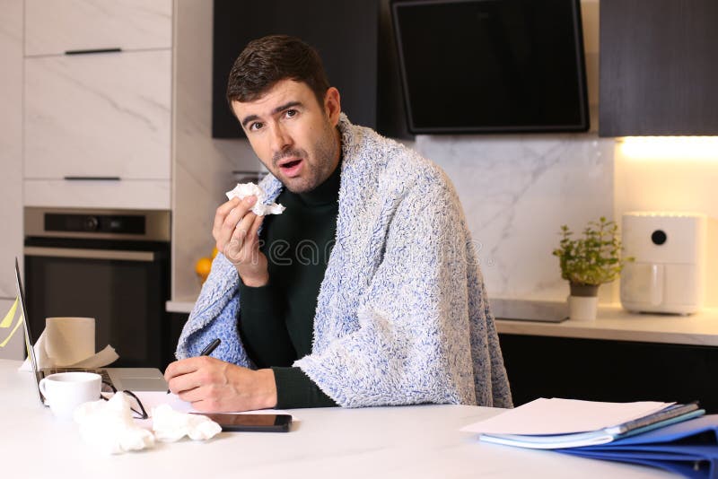 Man Working from Home with a Cold Stock Photo - Image of fever, allergy ...