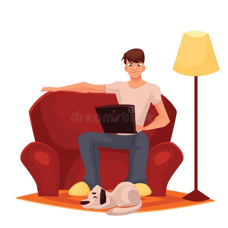Man Working at Home on the Couch Stock Vector - Illustration of home ...