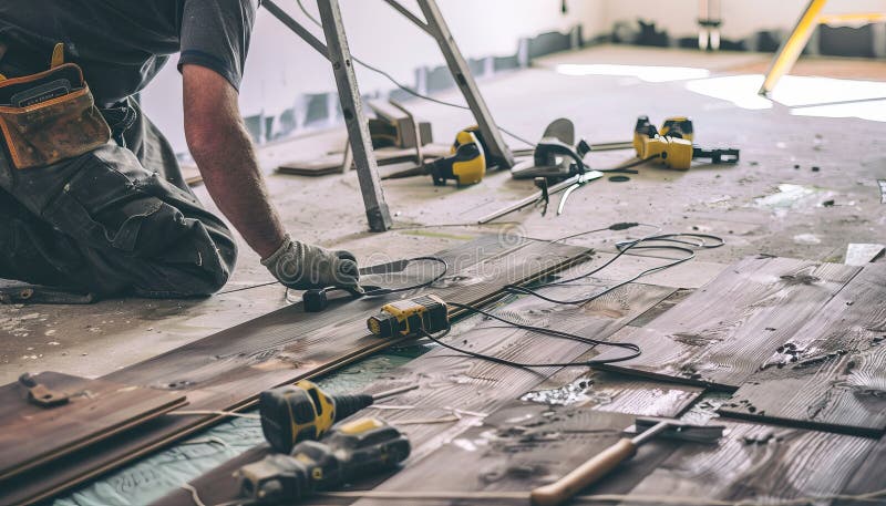 Man Working on Home Design Project, Tiling Wood Flooring with ...