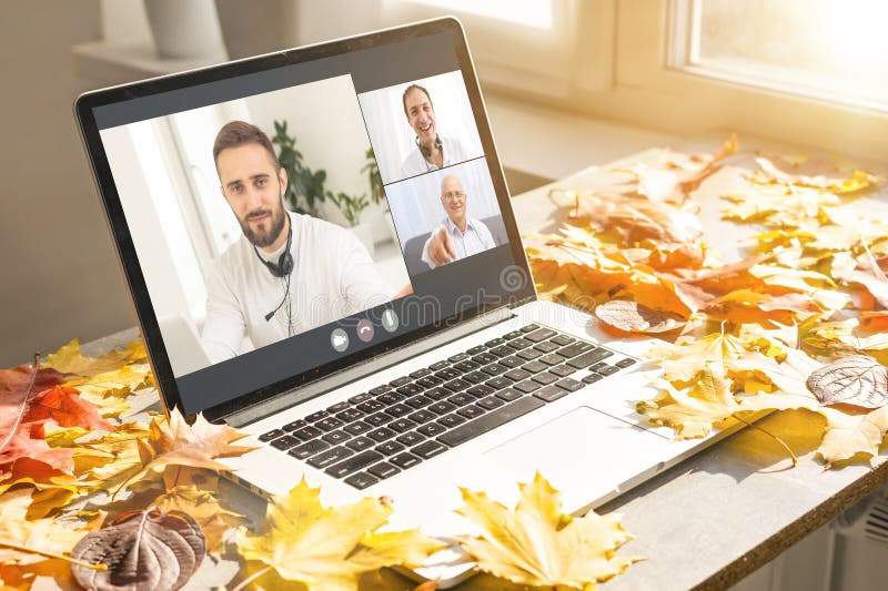 Man Working from Home Having Online Group Videoconference on Laptop ...