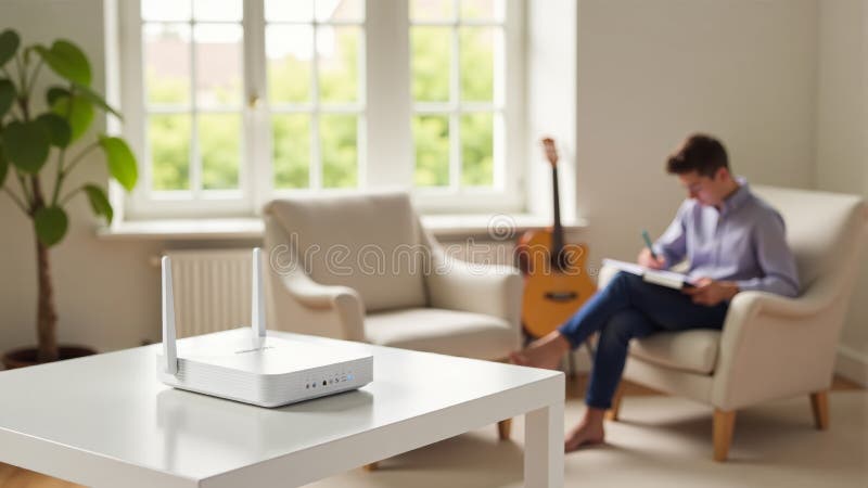 Man Working at Home, Router in Focus Stock Illustration - Illustration ...