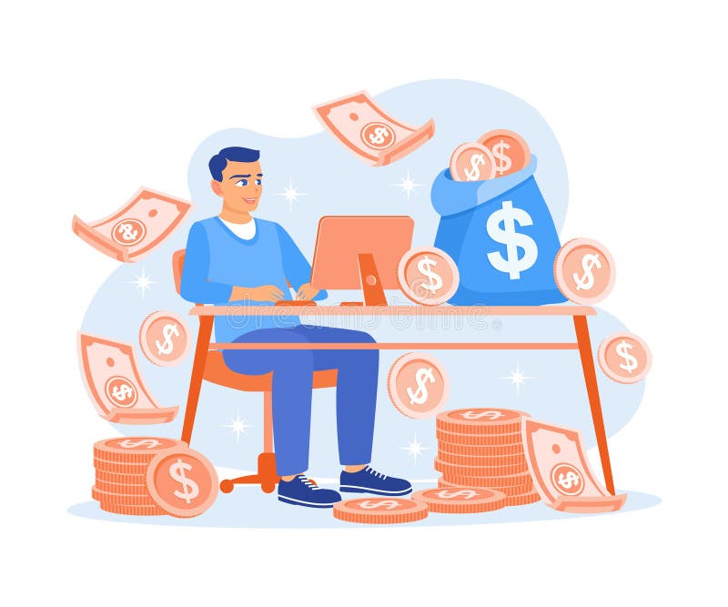 Man Working from Home Using Computer. Make Money Online. Earn Money ...
