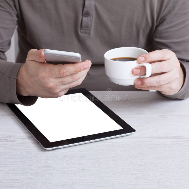 Man Working from Home Using Smart Phone and Notebook Computer, Man`s ...