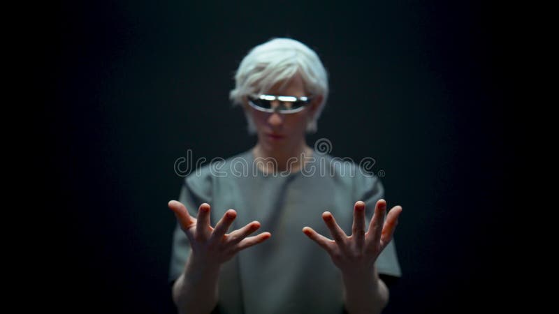 Man Working Metaverse in Virtual Reality World. Male Touching Invisible ...