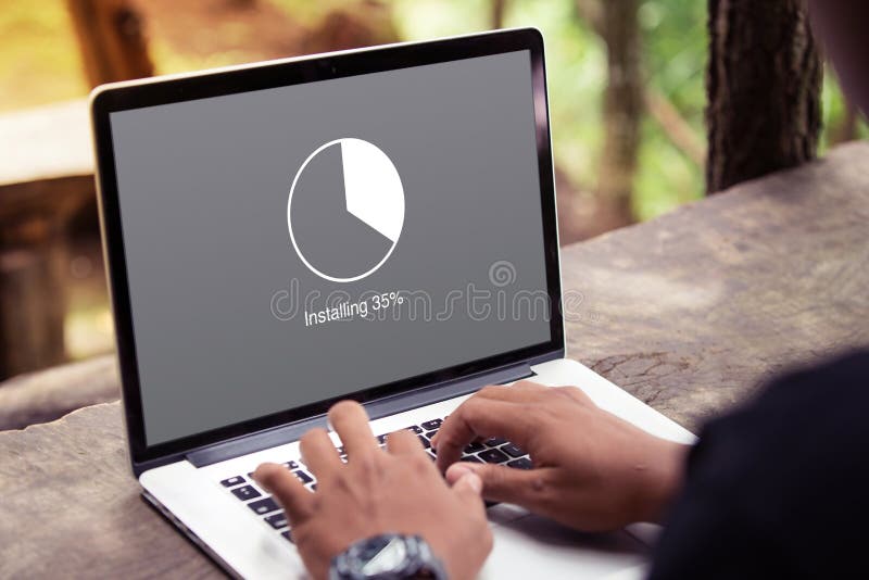 Man Working and Installing Update with Circle Load Percentage Waiting ... Man Working and Installing Update with Circle Load Percentage Waiting ...