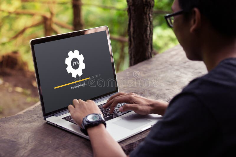 Man Working and Installing Update Process with Gearbox Percentage ... Man Working and Installing Update Process with Gearbox Percentage ...