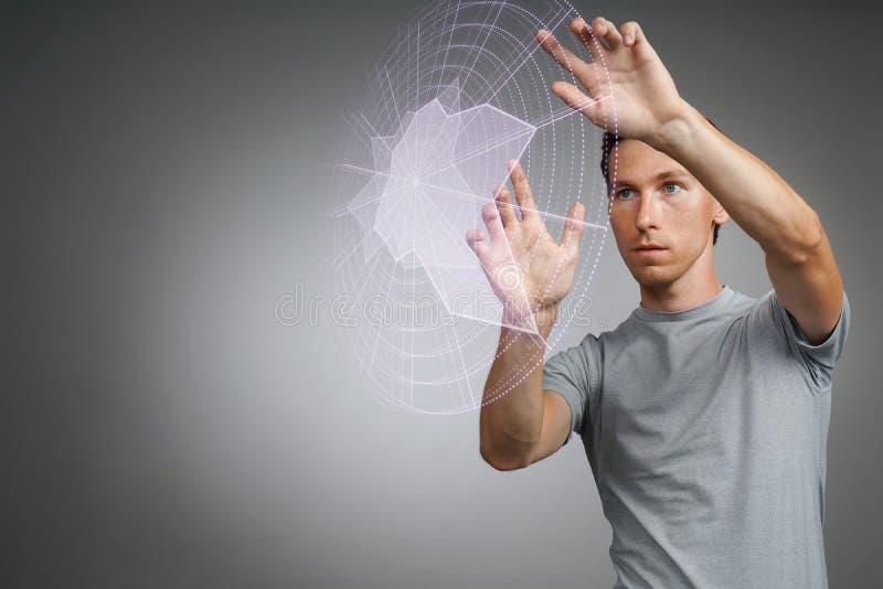 Man Working with Interactive Sci-Fi HUD Interface. Stock Image - Image ...