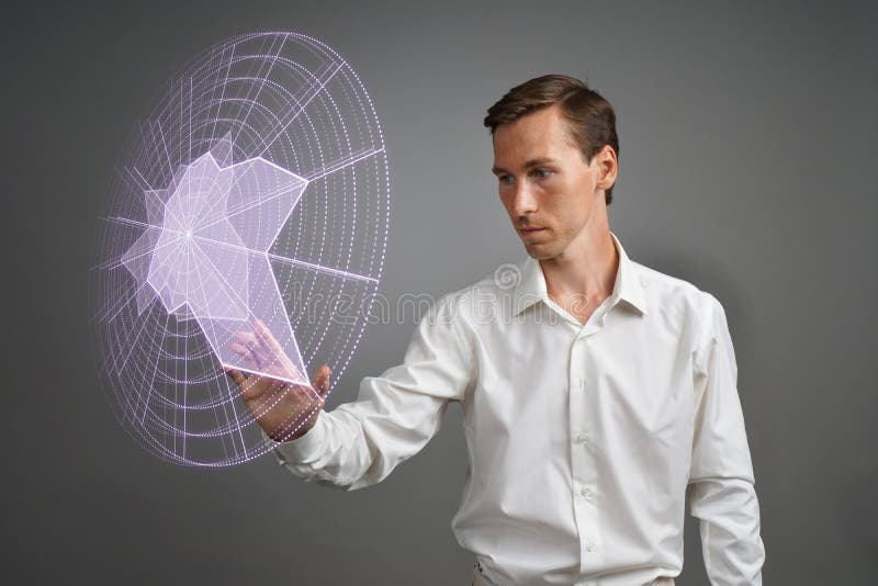 Man Working with Interactive Sci-Fi HUD Interface. Stock Image - Image ...