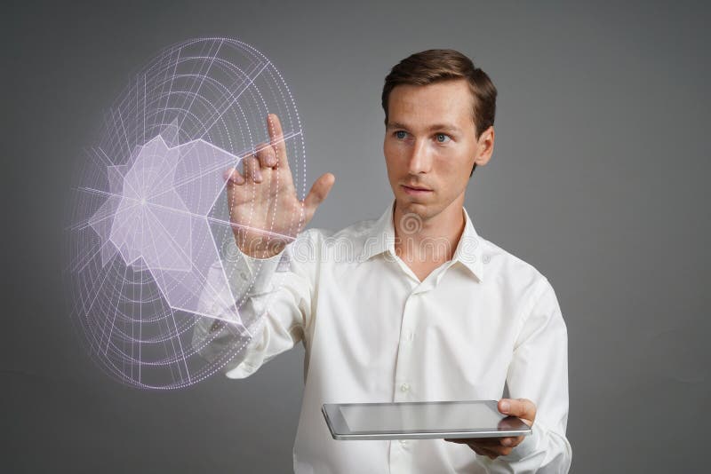 Man Working with Interactive Sci-Fi HUD Interface. Stock Photo - Image ...