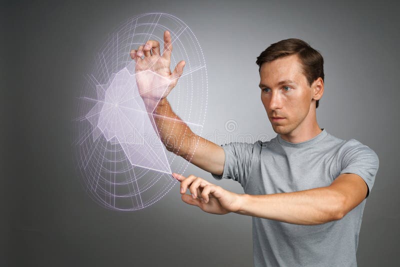Man Working with Interactive Sci-Fi HUD Interface. Stock Image - Image ...