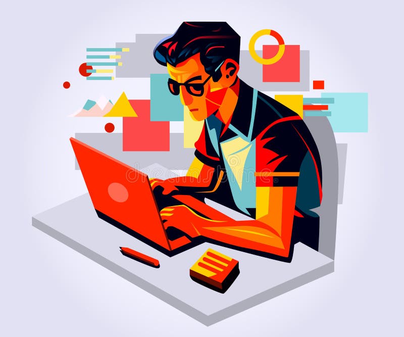 Man Working on Laptop. Accounting or Development Concept Stock Vector ...