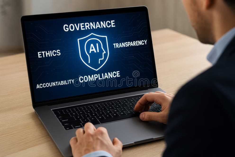 Man Working on Laptop with Artificial Intelligence Governance and Compliance Screen Stock Photo ...