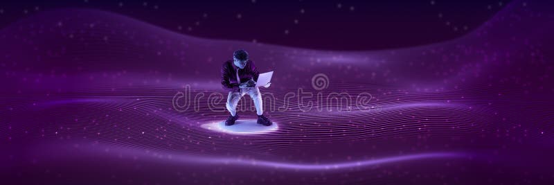 Man Working on Laptop while Balancing on Purple Digital Waves ...