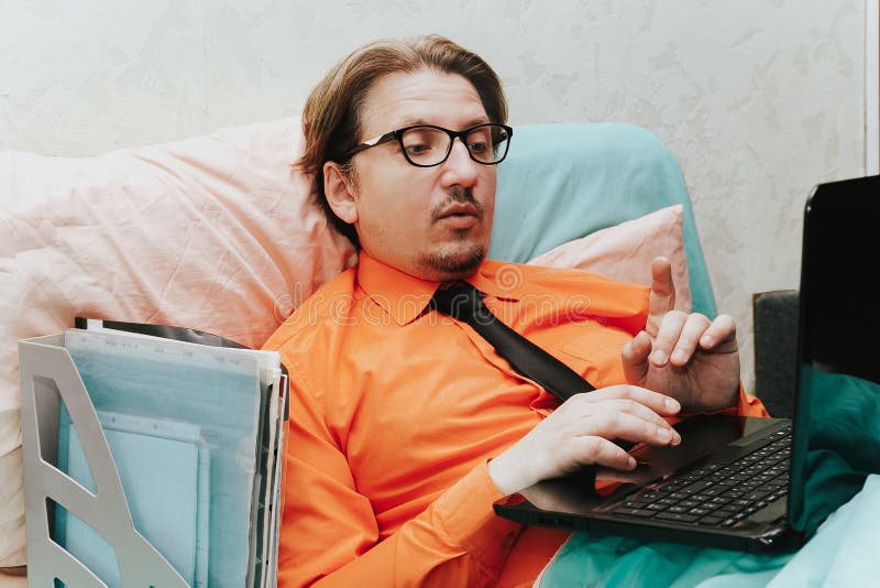 Man Teleworking Wearing Shirt, Tie and Pajama Pants Stock Image - Image ...