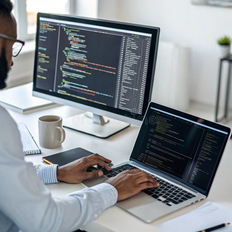 Man Working on a Laptop, Browsing the Internet, with a Focus on ...