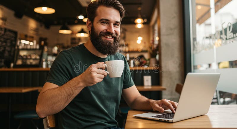 Man Working on Laptop with Coffee at Cafe. Smiling, Remote Work, and ...