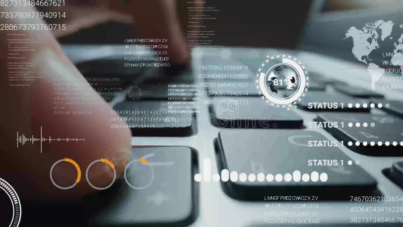Man Working on Laptop Computer Keyboard with Graphic User Interface GUI Hologram Glean Stock ...