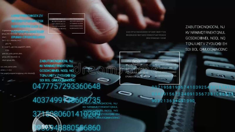 Man Working on Laptop Computer Keyboard with Graphic User Interface GUI ...