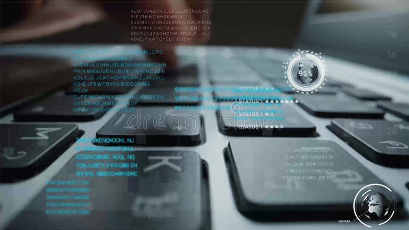 Man Working on Laptop Computer Keyboard with Graphic User Interface GUI ...