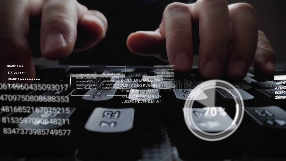 Man Working on Laptop Computer Keyboard with Graphic User Interface GUI ...