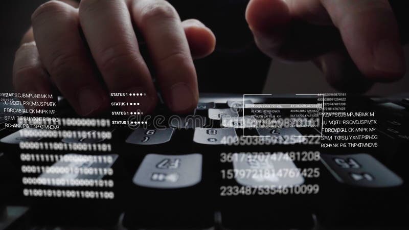 Man Working on Laptop Computer Keyboard with Graphic User Interface GUI ...