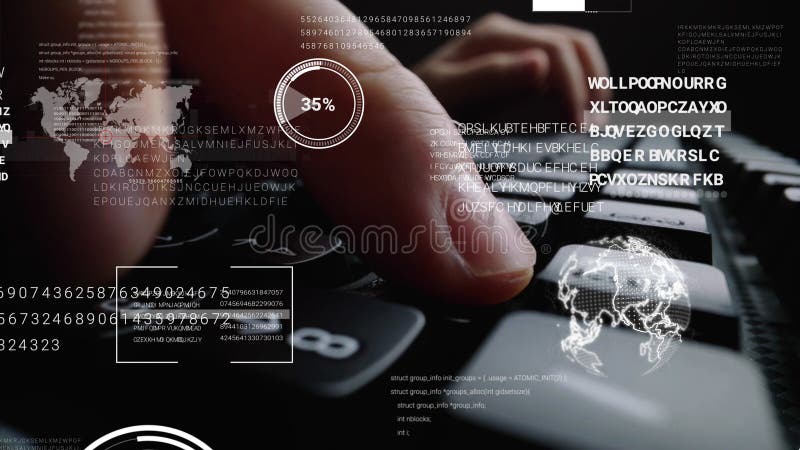 Man Working on Laptop Computer Keyboard with Graphic User Interface GUI ...