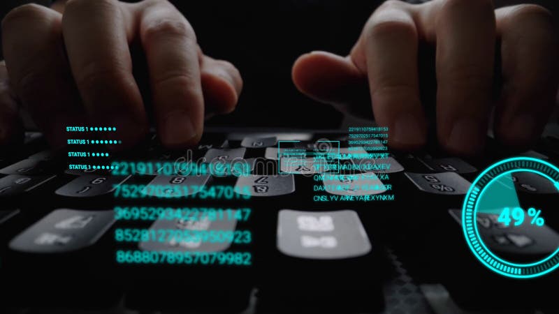 Man Working on Laptop Computer Keyboard with Graphic User Interface GUI ...